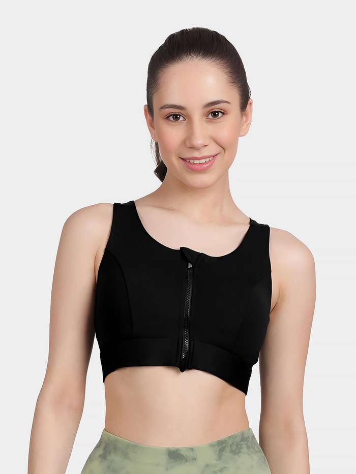 Shyle Black Front Zipper High Impact Sports Bra