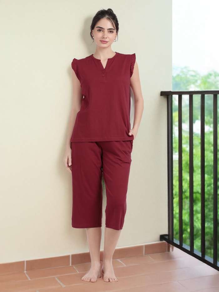 Shyaway Rhythmic Red Ruffled Sleeve Capri Set